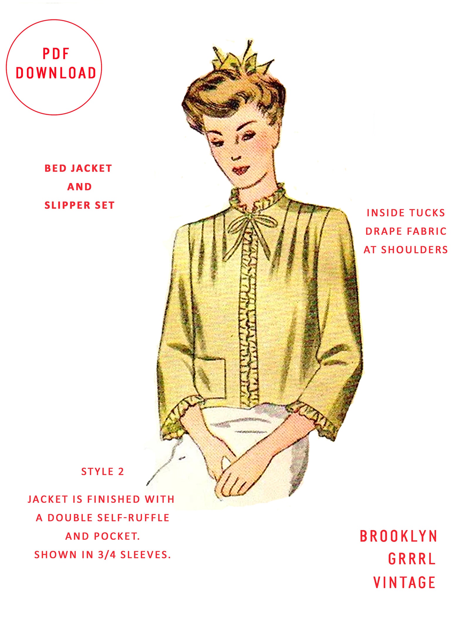 Vintage Sewing Pattern 1940s Bed Jacket or Robe / Bust 38 / PDF Pattern ...