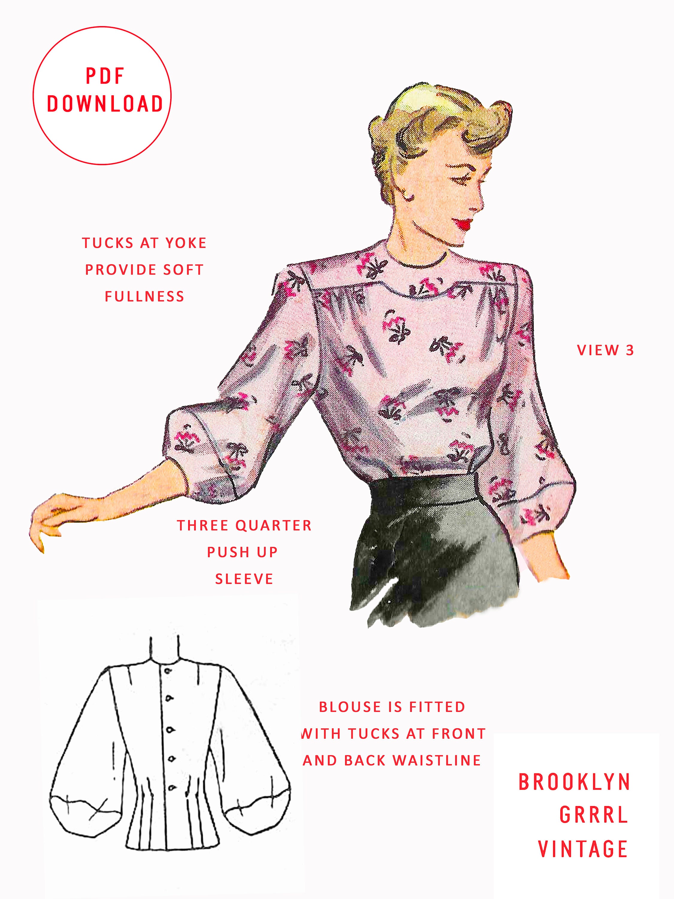 1940s Blouse Sewing Pattern Bust 30 – Vintage Blouse Set, Retro Top ...