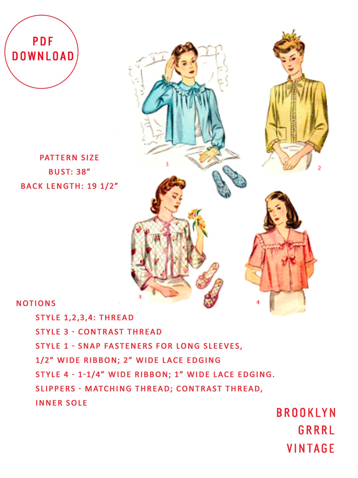 Vintage Sewing Pattern 1940s Bed Jacket or Robe / Bust 38 / PDF Pattern ...