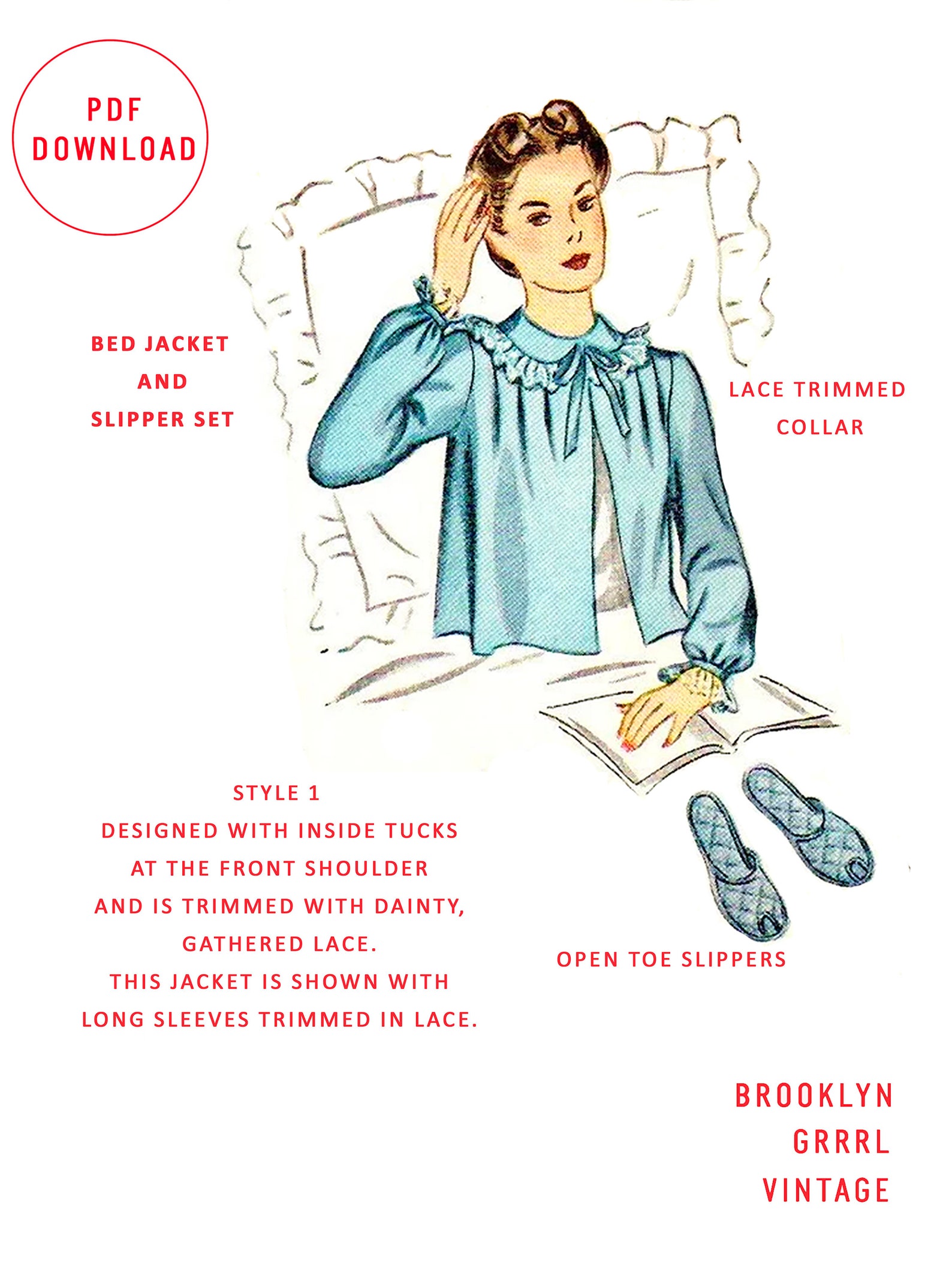 Vintage Sewing Pattern 1940s Bed Jacket or Robe / Bust 38 / PDF Pattern ...
