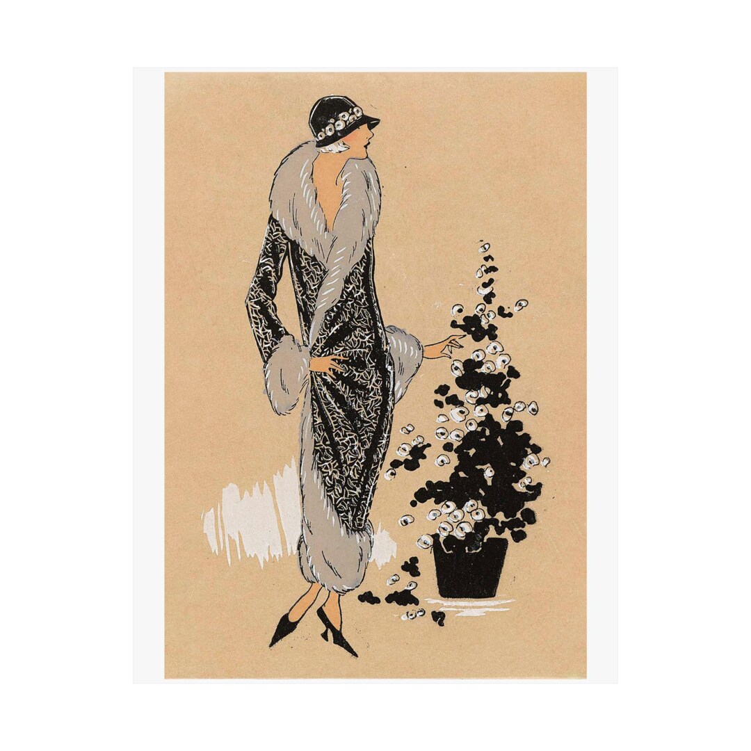 Vintage 1920s Fashion Illustration Satin Poster Print - Winter Elegance ...