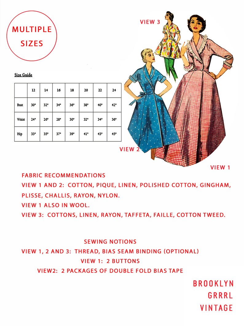 1950s Wrap Robe Sewing Pattern Multiple Sizes – Vintage Dressing Robe ...