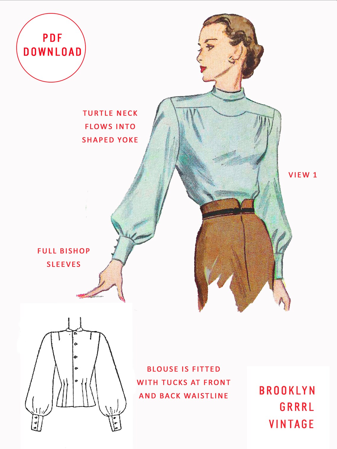 1940s Blouse Sewing Pattern Bust 30 – Vintage Blouse Set, Retro Top ...