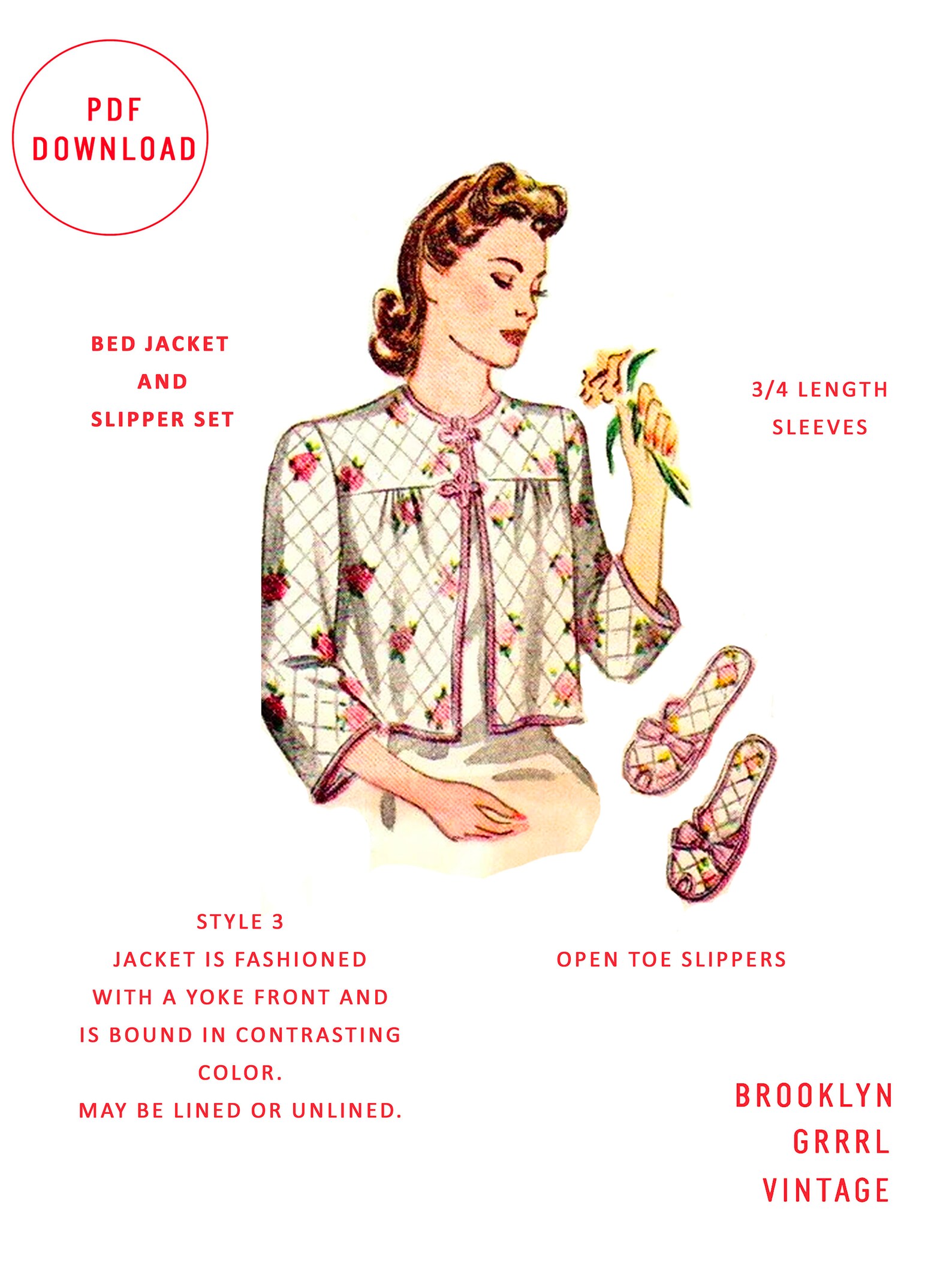 Vintage Sewing Pattern 1940s Bed Jacket or Robe / Bust 38 / PDF Pattern ...