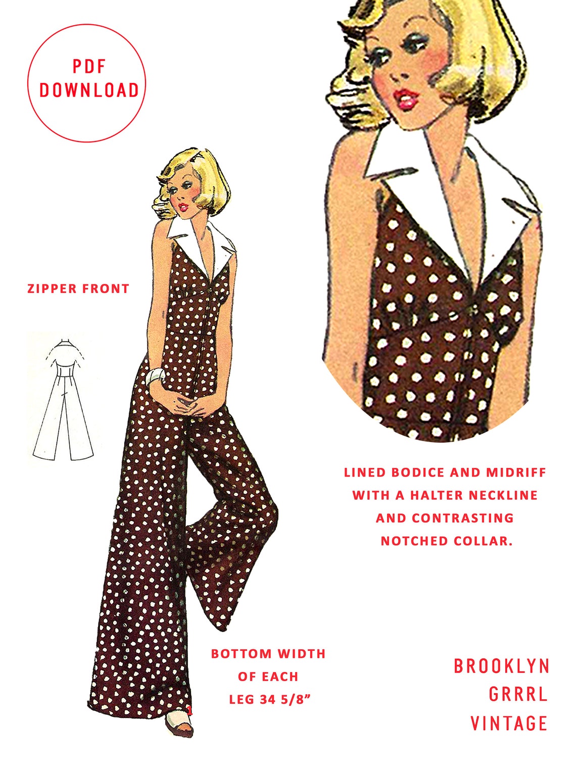 1970s Bell-bottom Jumpsuit Sewing Pattern: Bust 36 (PDF Pattern) - Etsy