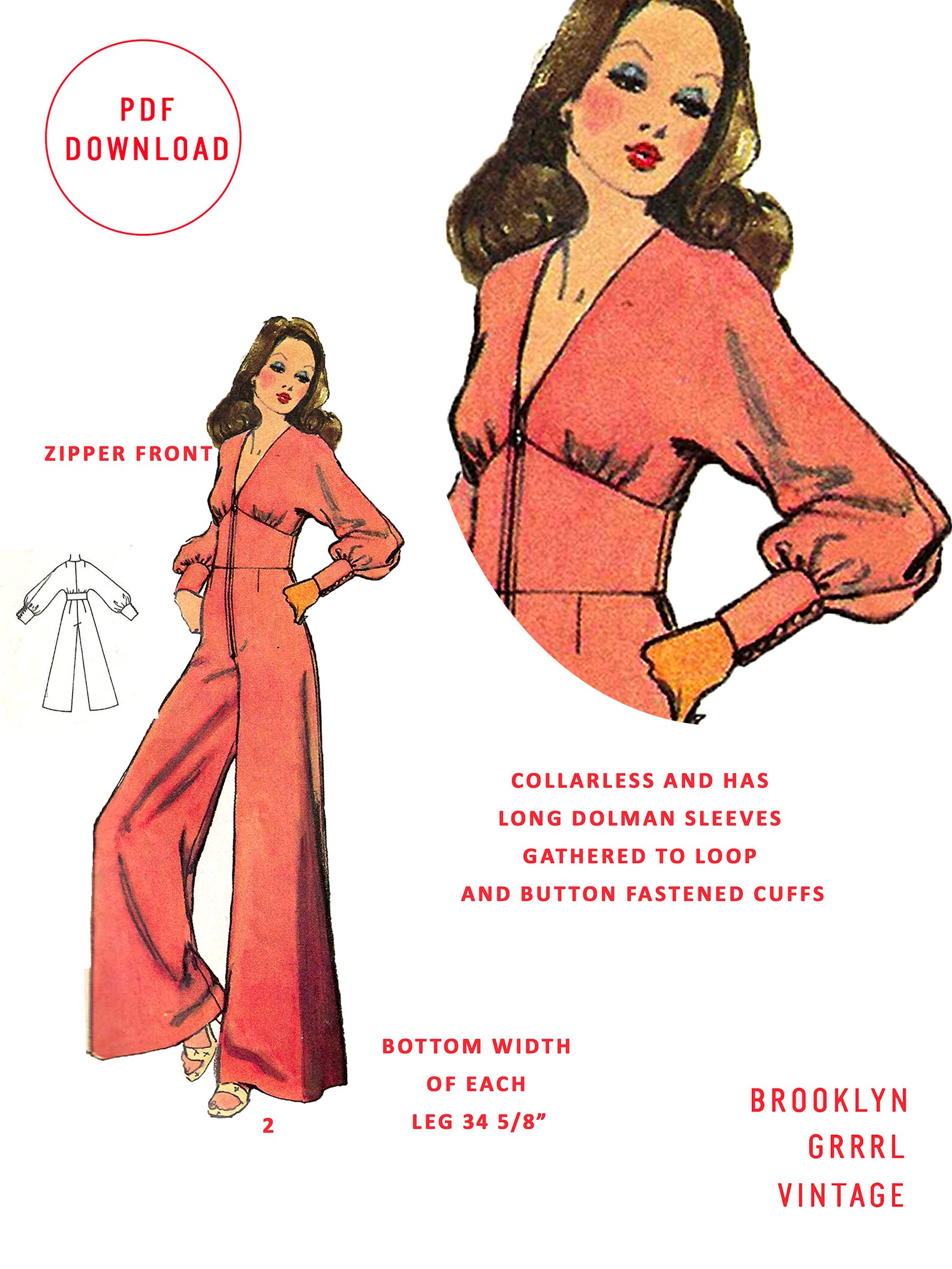 1970s Bell-bottom Jumpsuit Sewing Pattern: Bust 36 (PDF Pattern) - Etsy
