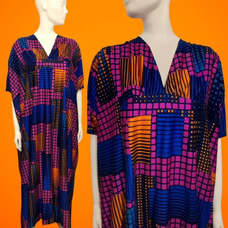 60s 70s Blue, Purple Orange GEOMETRIC Frederick Howard London KAFTAN up ...