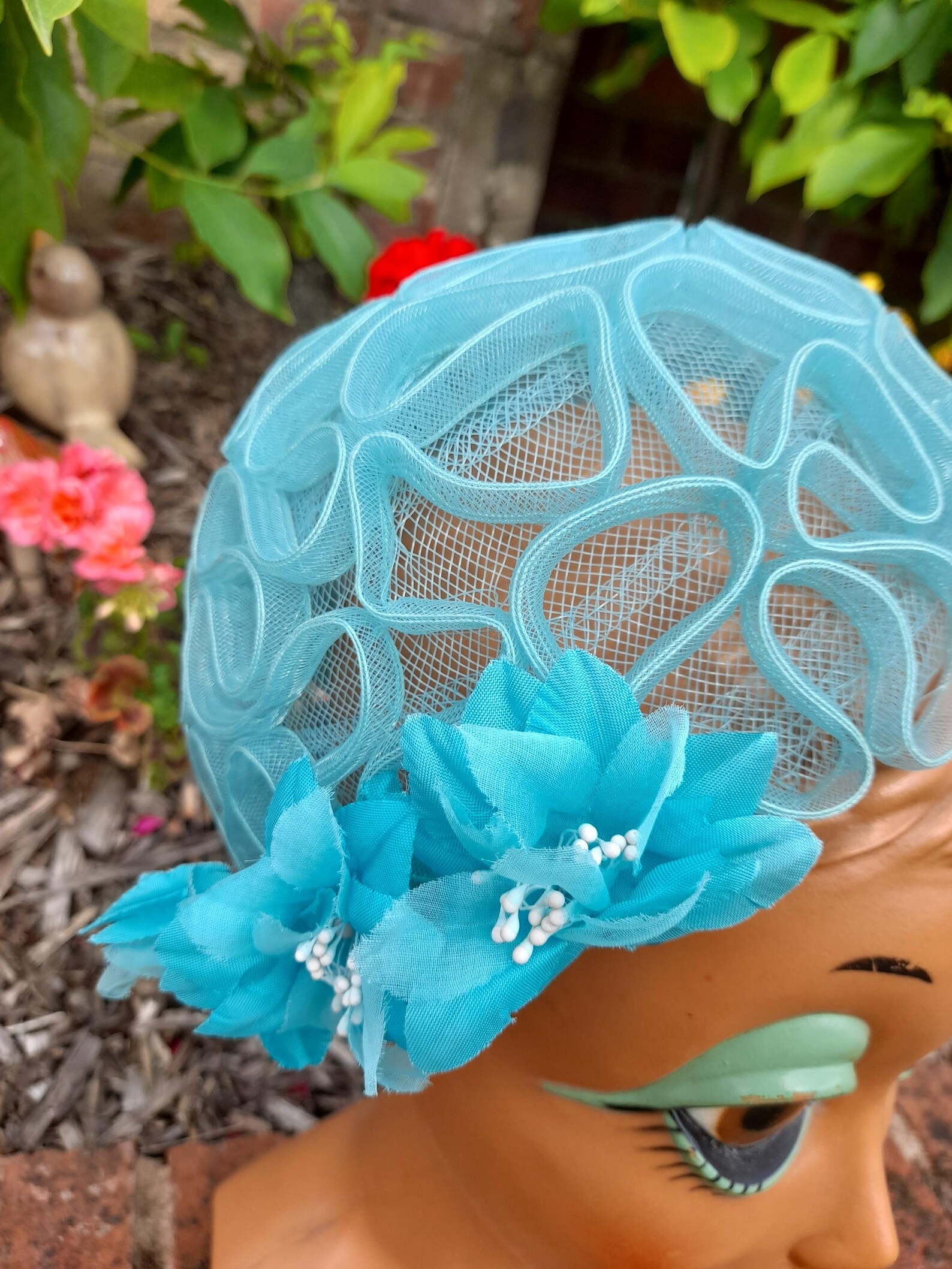 60s AQUA Blue MESH HAT Fascinator With Flowers Wedding Occasion Mod ...