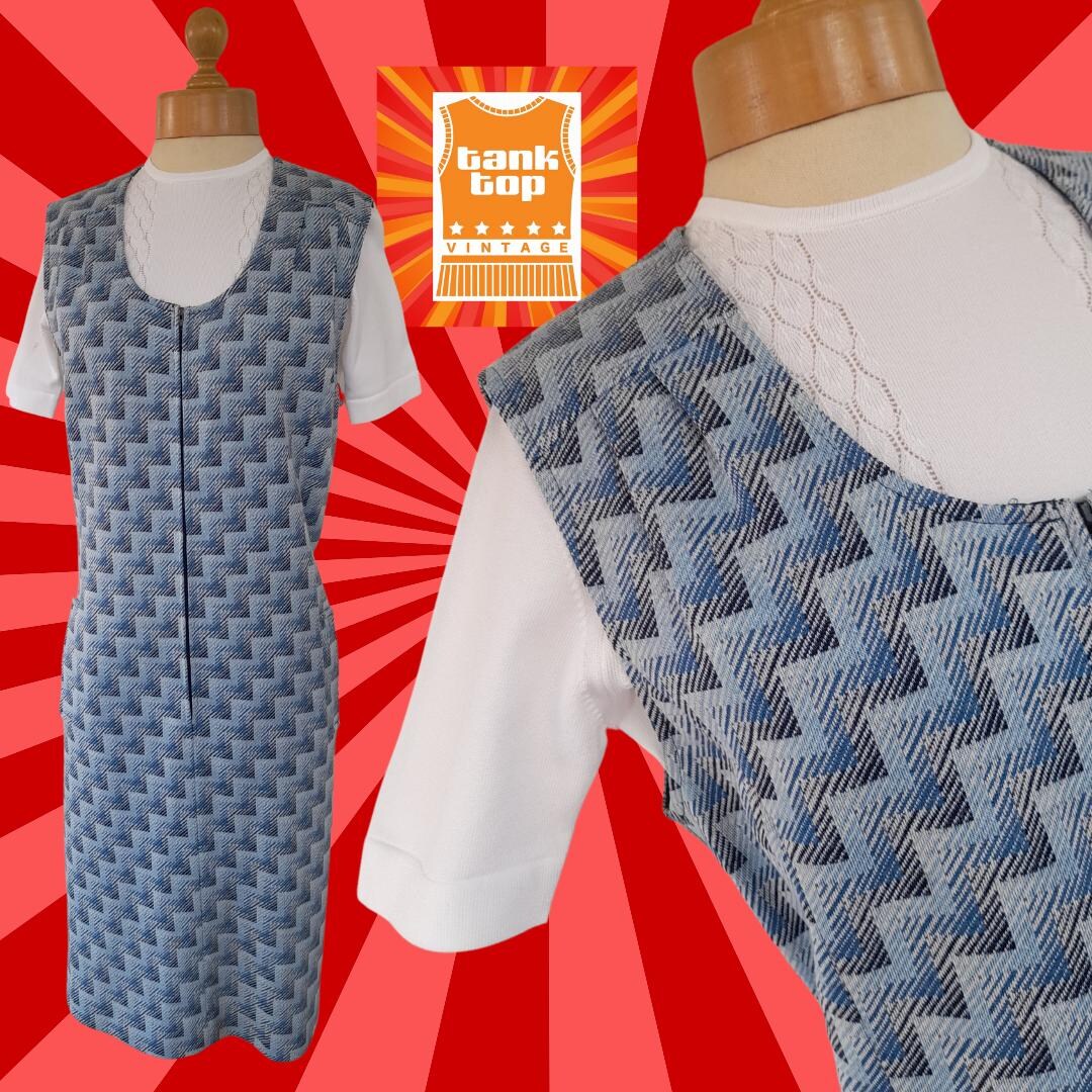 60s 70s ST MICHAEL Crimplene Zip Front Blue Geometric PINAFORE Dress ...