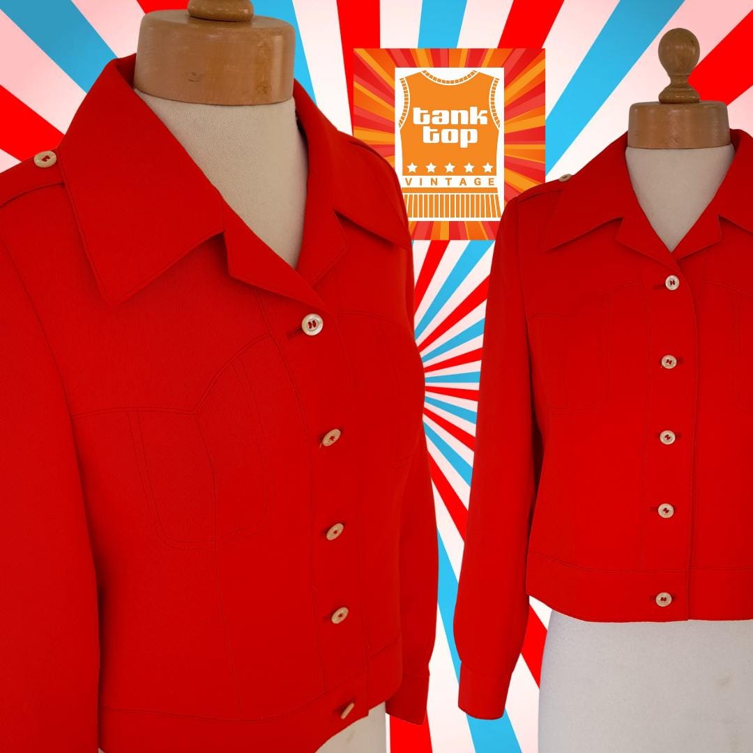 70s CHERRY RED High Waist JACKET With Topstitching and Epaulettes ...