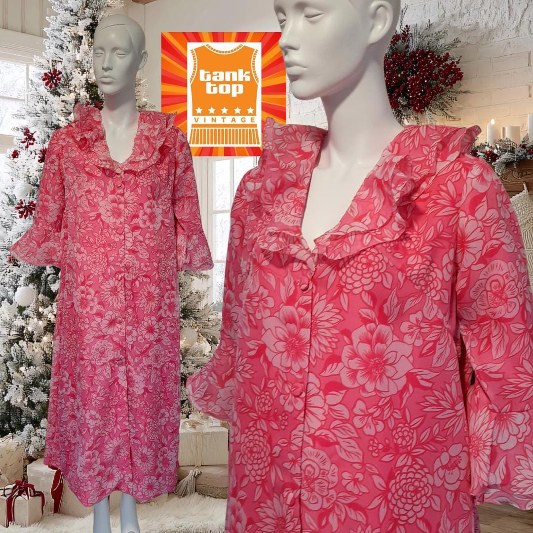 70s Baby PINK FLORAL Housecoat Dressing Gown Hostess Dress Cover up ...