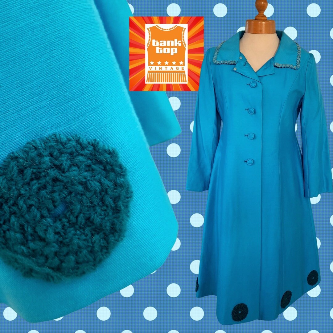 70s TURQUOISE PEGGY FRENCH Couture Princess Coat With Crochet Circle ...