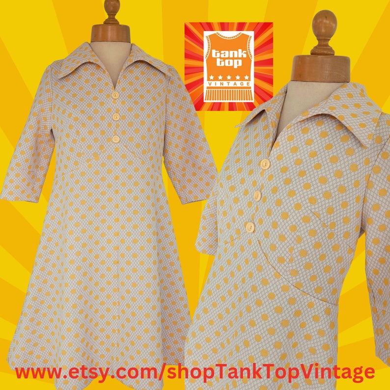60s 70s Stunning Cream Beige YELLOW SPOTTY Crimplene Collared - Etsy