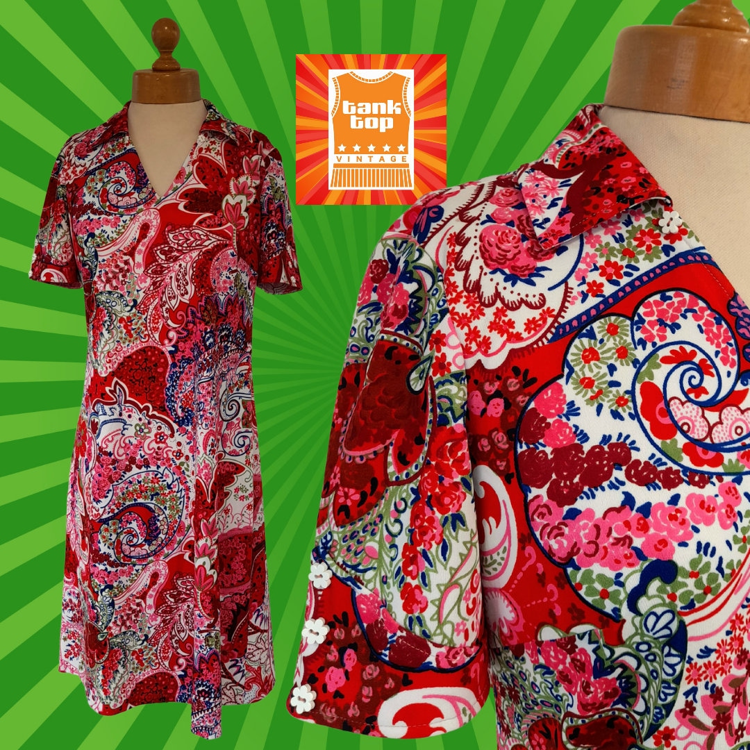 Retro 70s Style RED Bright FLORAL Swirly Dress With DAISY Buttons Uk 14 ...