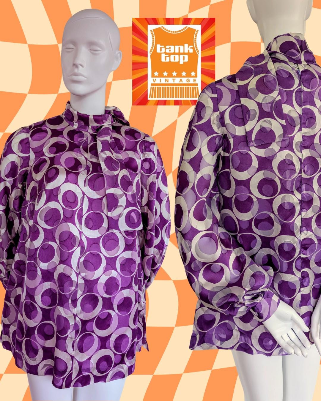 60s Handmade PURPLE White SPOTTY Tie Neck Balloon Sleeve BLOUSE Tunic ...