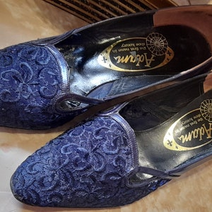 60s NAVY PURPLE Lace Adam Glamour WINKLEPICKERS Heels Mod Sixties Uk 5. ...