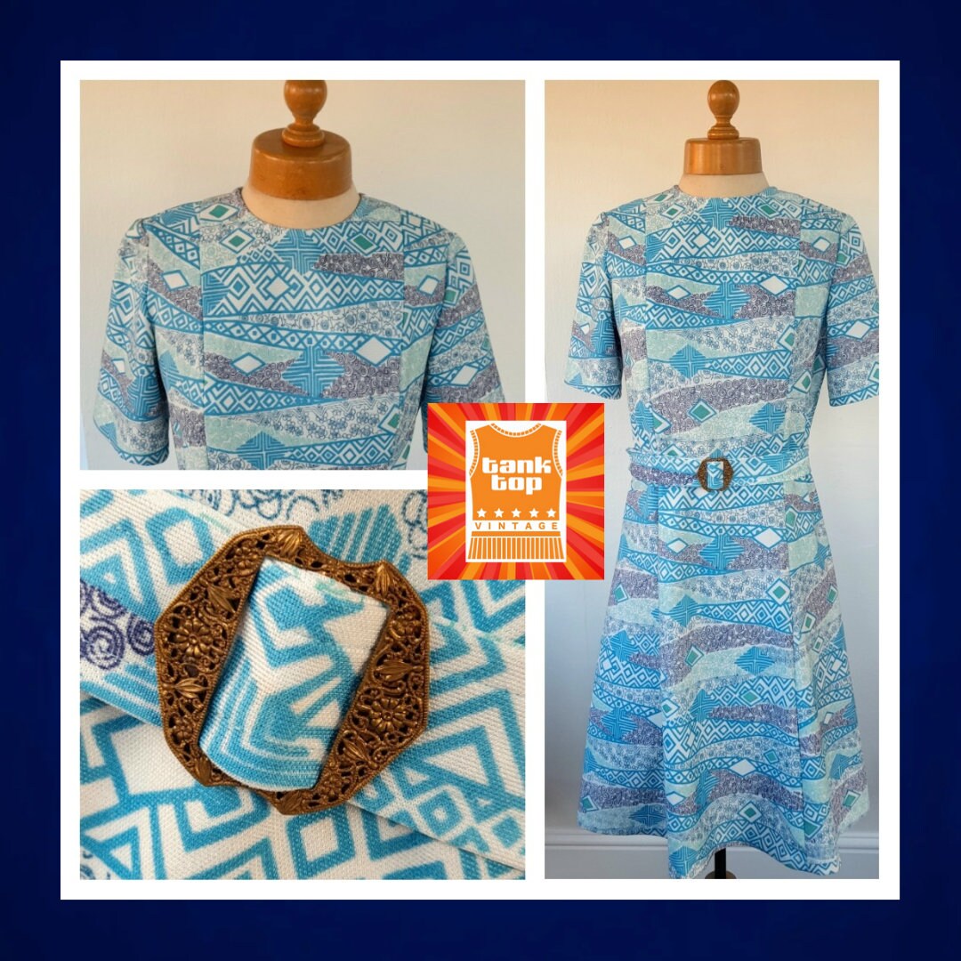60's AQUA BLUE St Michael Abstract Belted DRESS Mod Sixties Uk 10 - Etsy