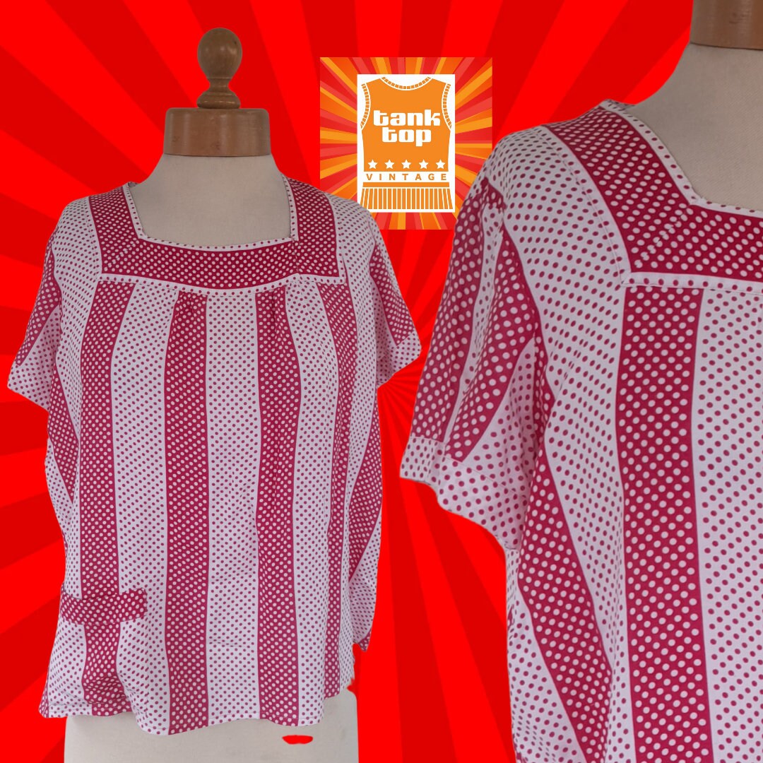 50s Very Deep Pinky RED and White Cotton Stripe and Spot Top With ...