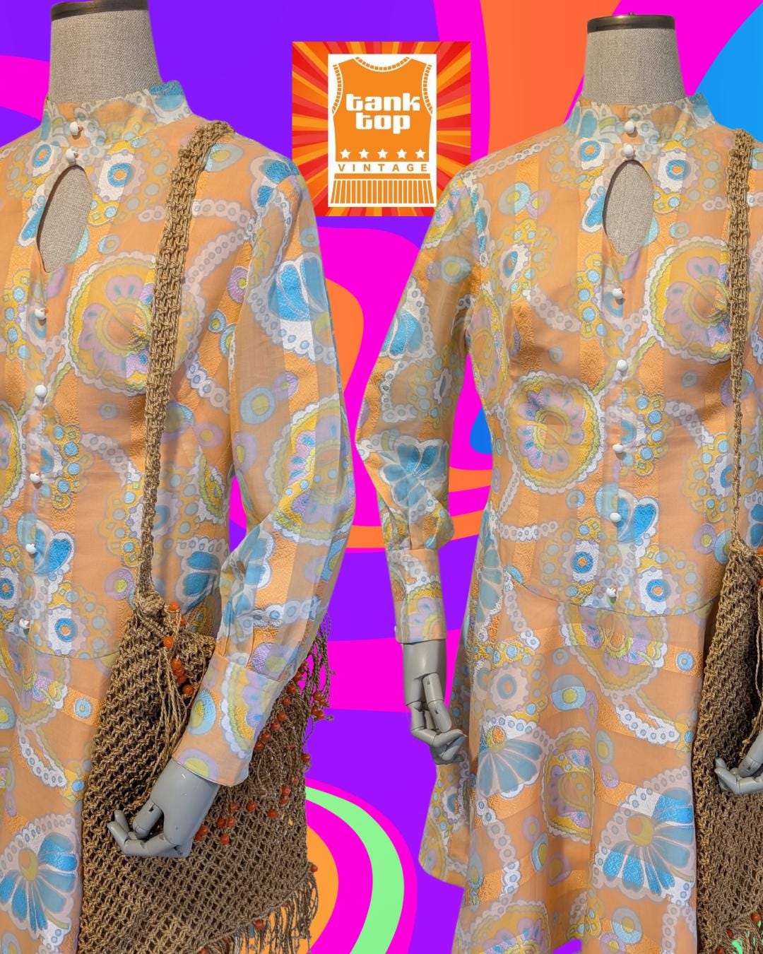 60s KEYHOLE Dress, ORANGE Aqua Yellow DAISY Print, Turtleneck Collar ...