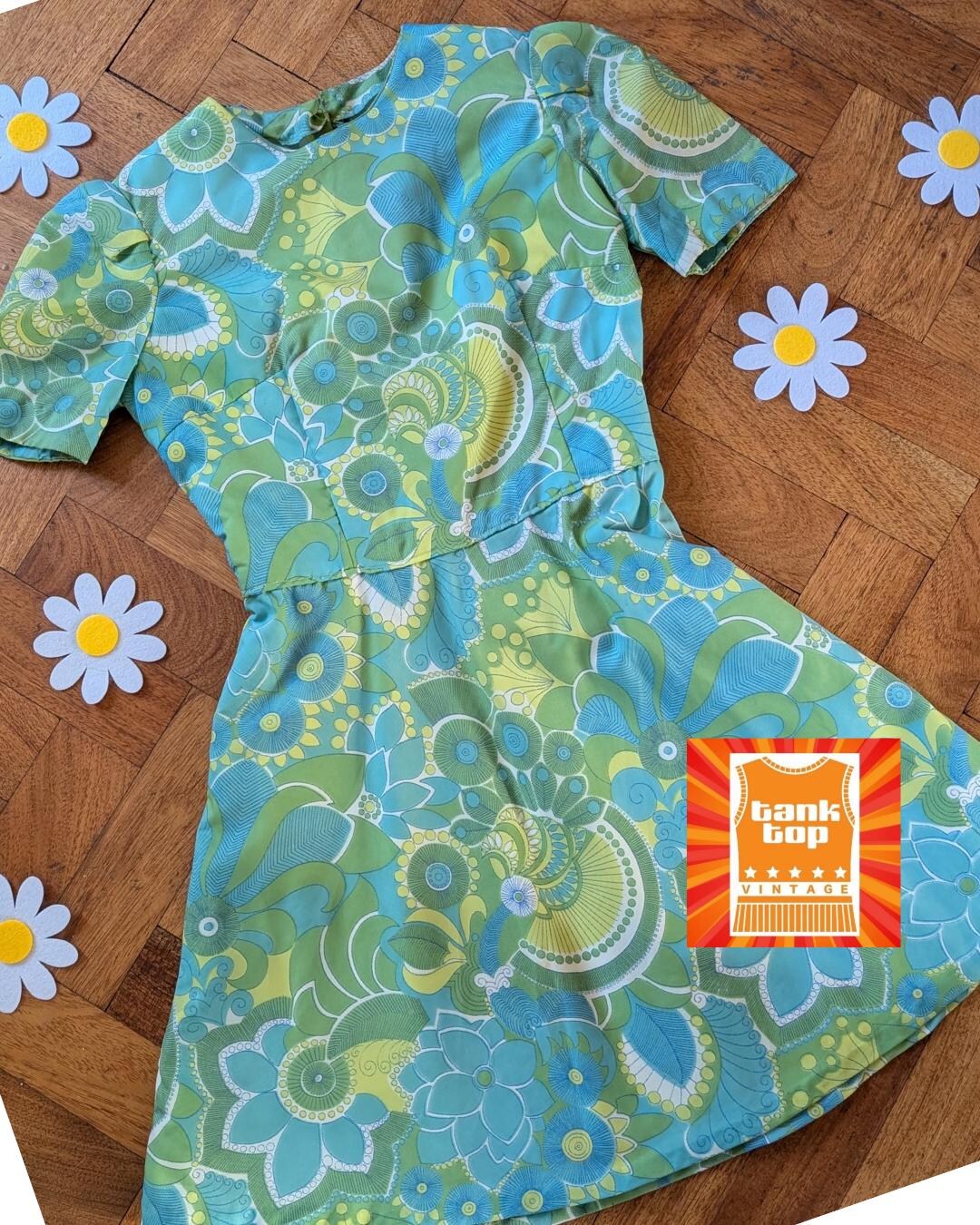 60s GREEN Blue FLORAL Dolly DRESS, Nylon, Covered Buttons and Loops ...