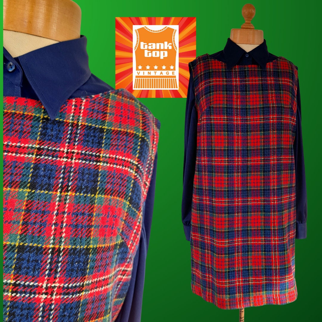 60s Handmade Popover TARTAN PLAID Wool PINAFORE Dress Navy Red Green Yellow Uk 10 12 Mod Sixties ...