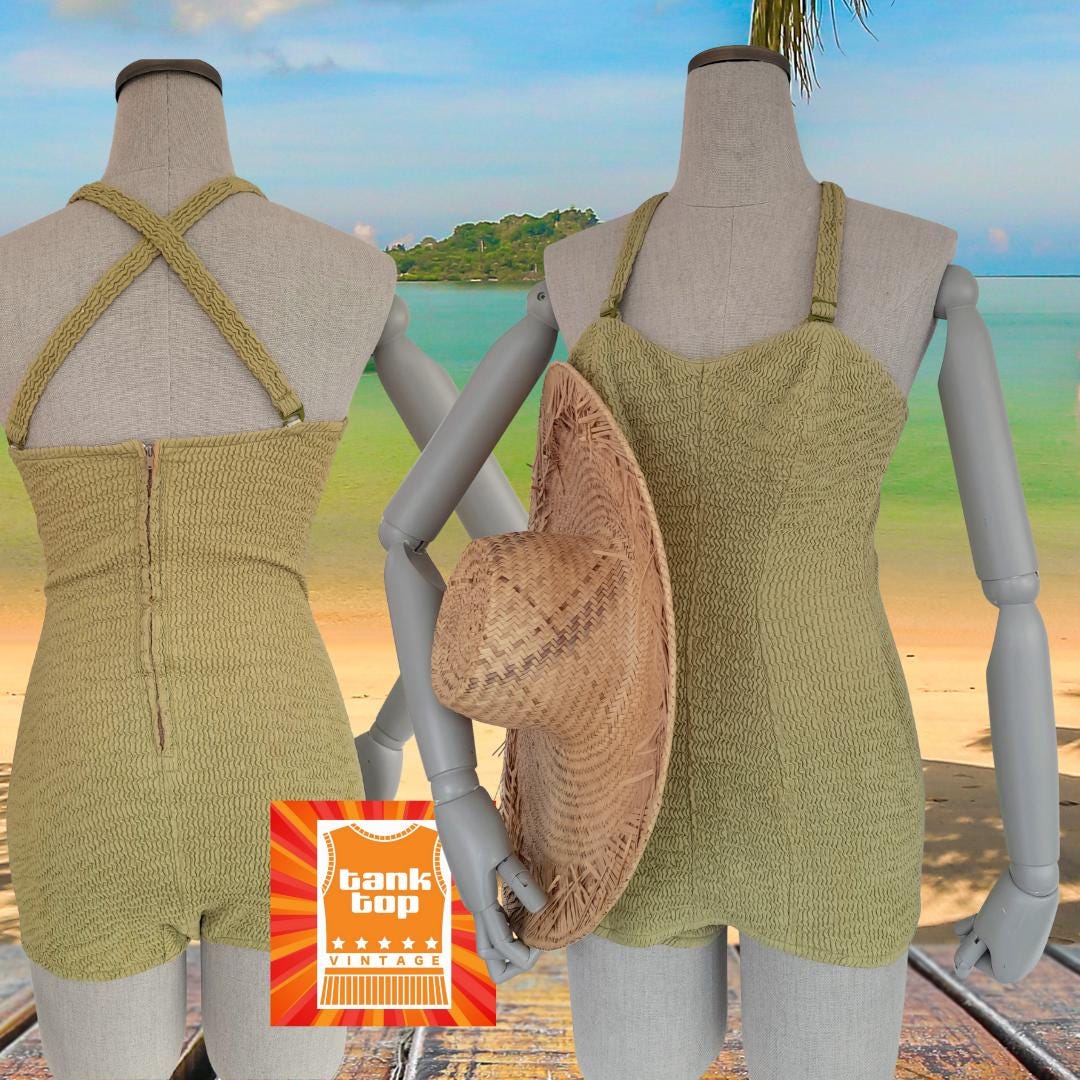 50s JANTZEN International Set Pale Olive GREEN Ruched SWIMSUIT Bathing ...