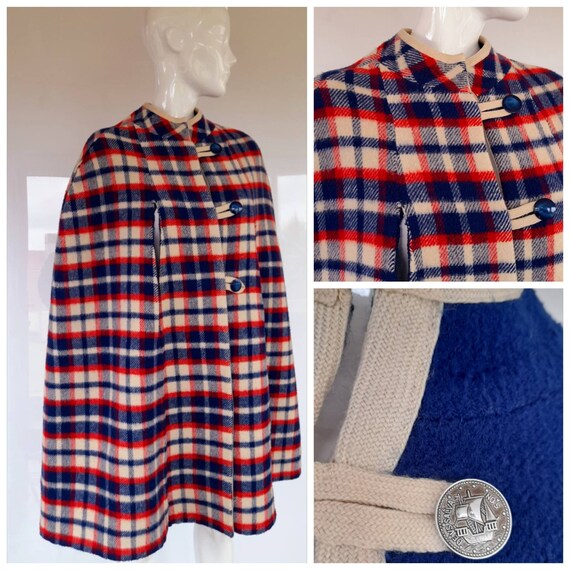 60s long red white blue CHECK reversible WOOL CAPE mo… - Gem