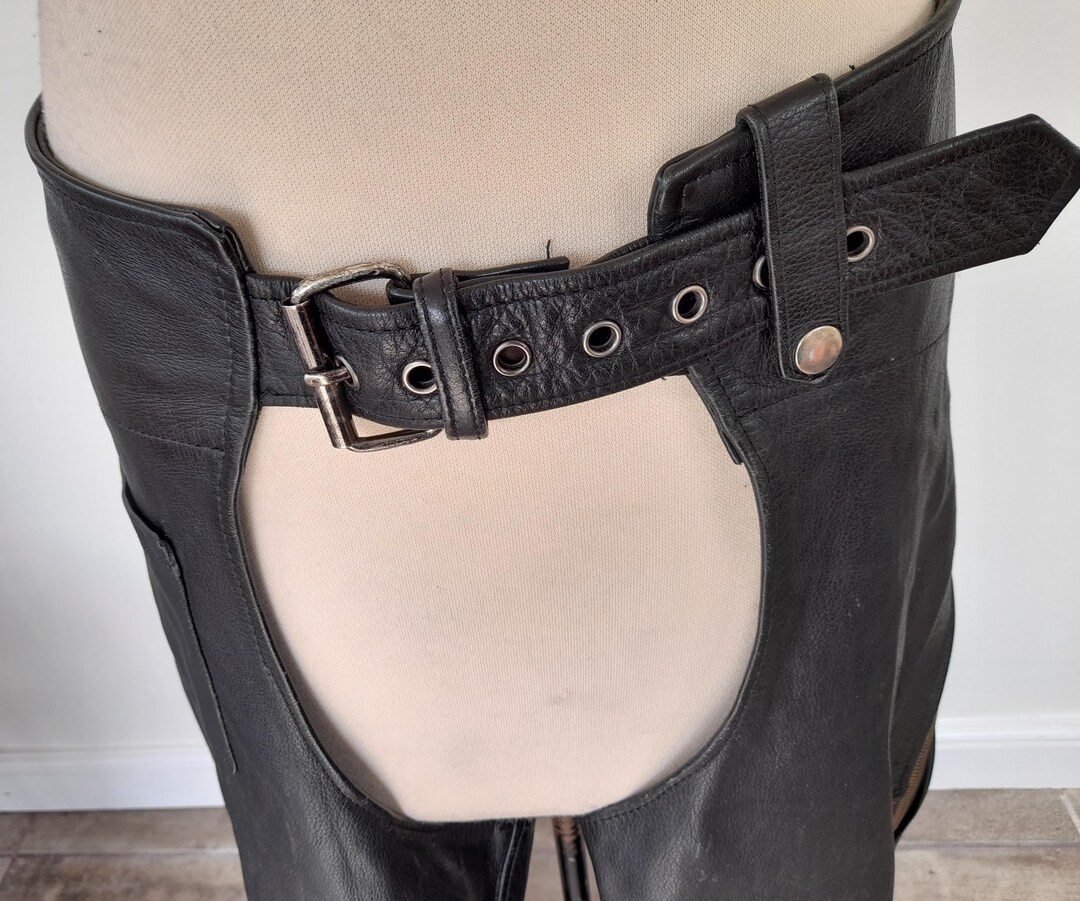 Vintage BLACK LEATHER Nicols Heavy Duty CHAPS Leather Buckles Zips ...
