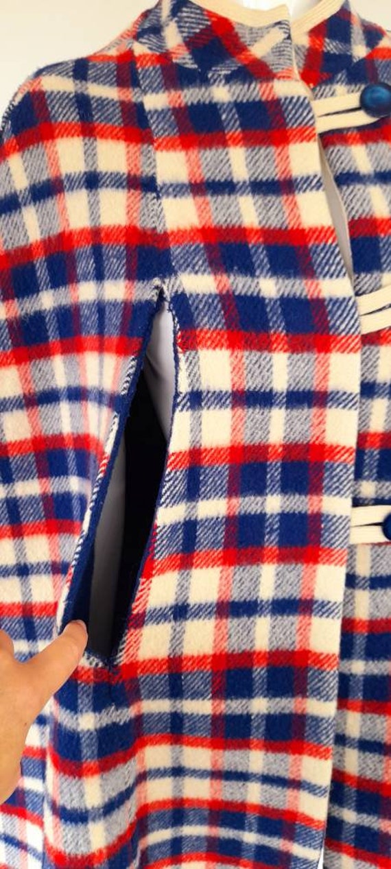 60s long red white blue CHECK reversible WOOL CAPE mo… - Gem