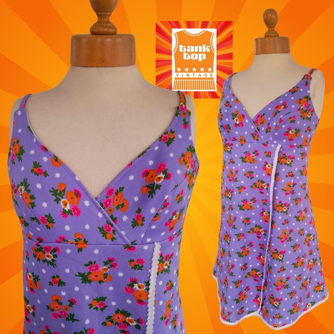 70s LILAC FLORAL Handmade Faux Wrap Front SUNDRESS Dress Uk 12 Hippy ...