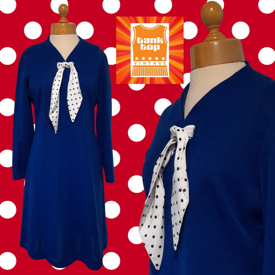 60's Royal BLUE White Spotty Tie English Lady Jersey Knit DRESS Mod ...