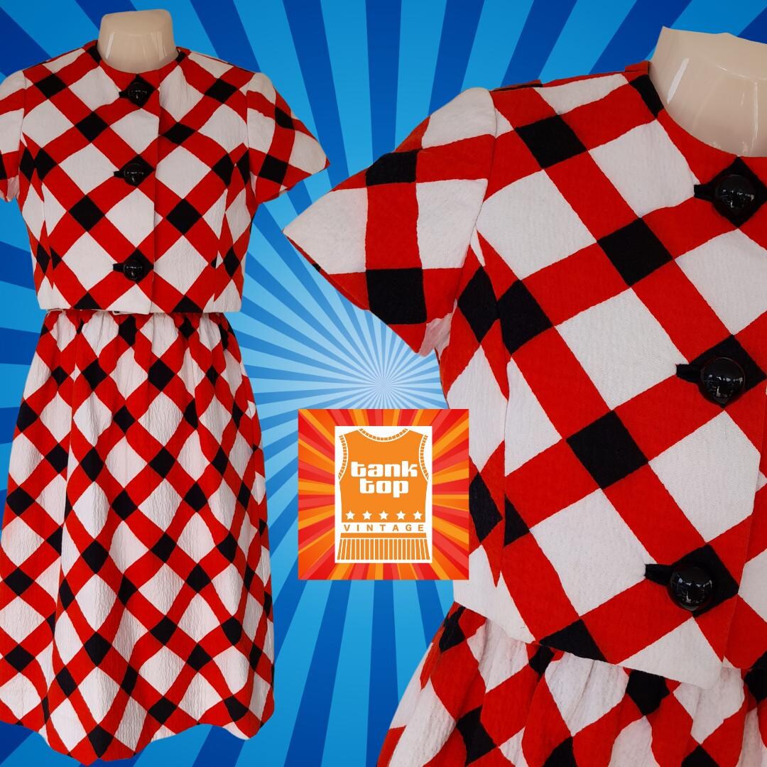 60s DOM SOPHISTICATES Red White Black Check Dress SUIT Mod Sixties Uk 6 ...