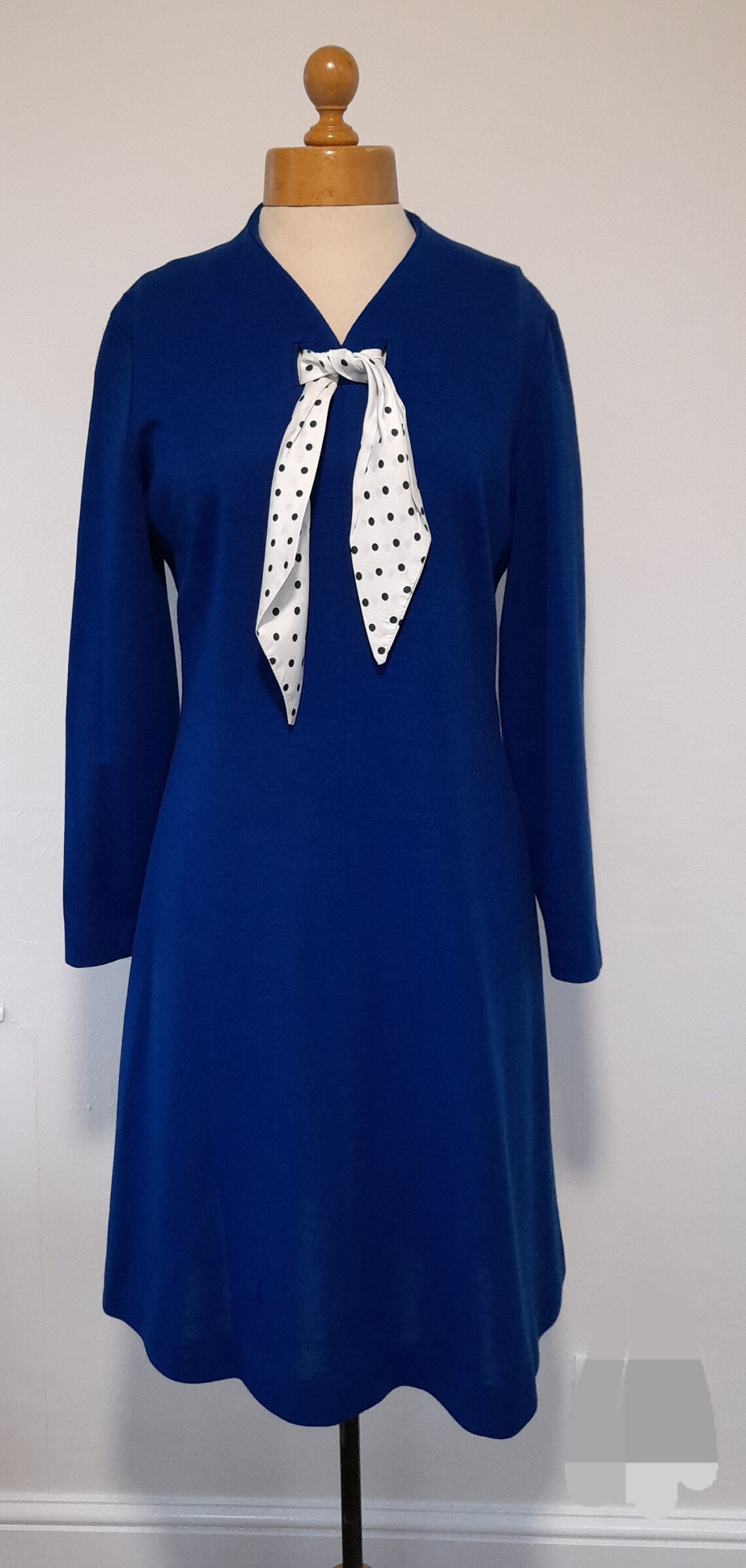60's Royal BLUE White Spotty Tie English Lady Jersey Knit DRESS Mod ...