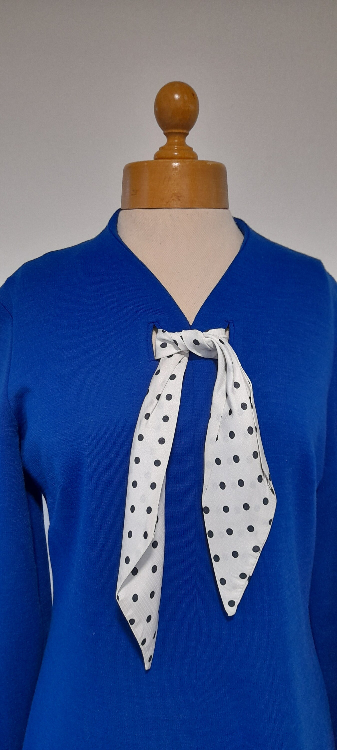 60's Royal BLUE White Spotty Tie English Lady Jersey Knit DRESS Mod ...