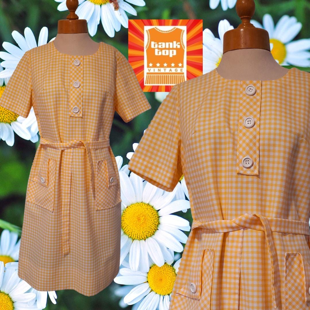 Retro 60s Style Handmade YELLOW and White GINGHAM Check Polyester Crepe ...