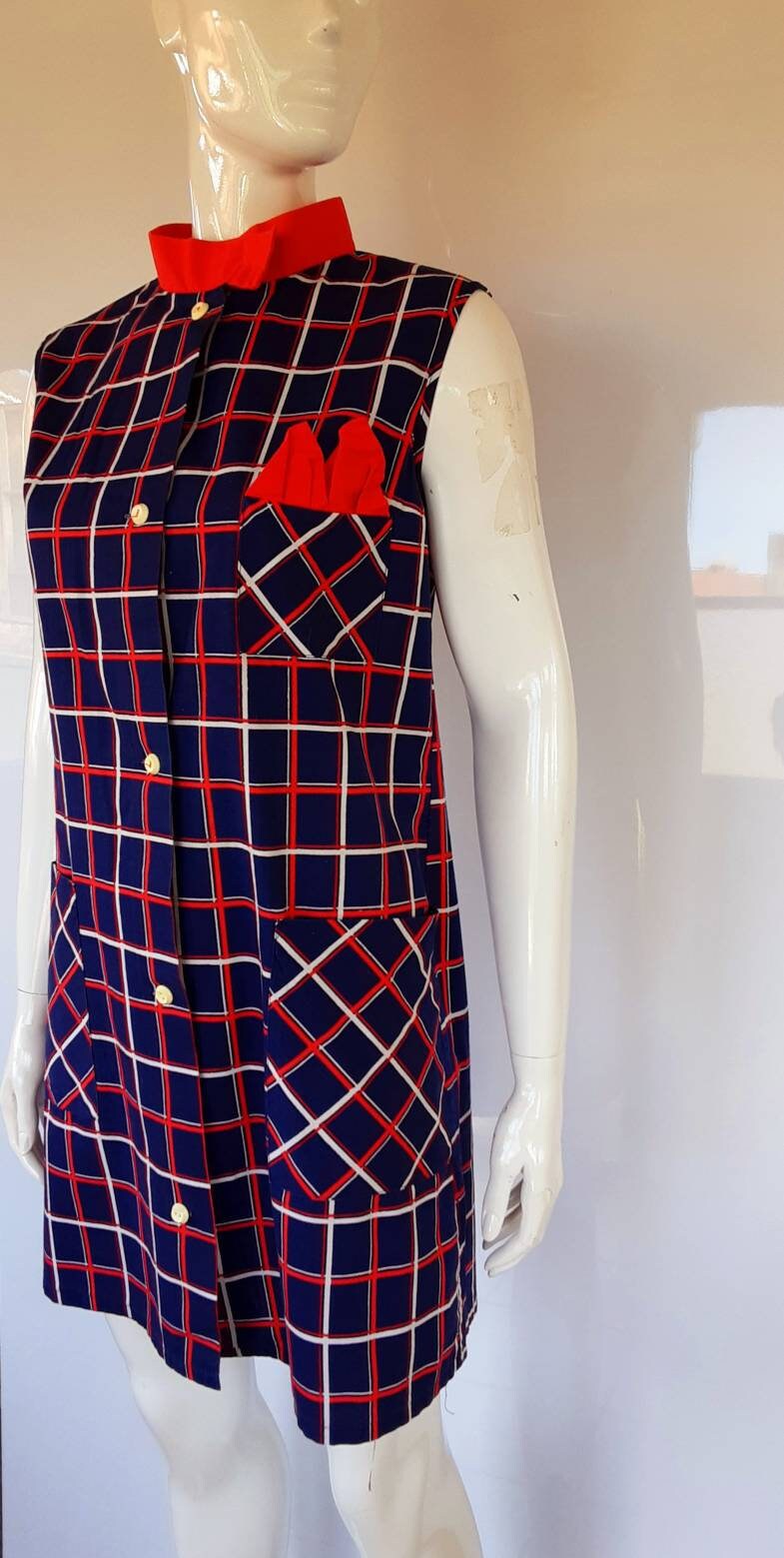 60s Mod Girl Red White Blue CHECKED MOD DRESS Uk 12 - Etsy