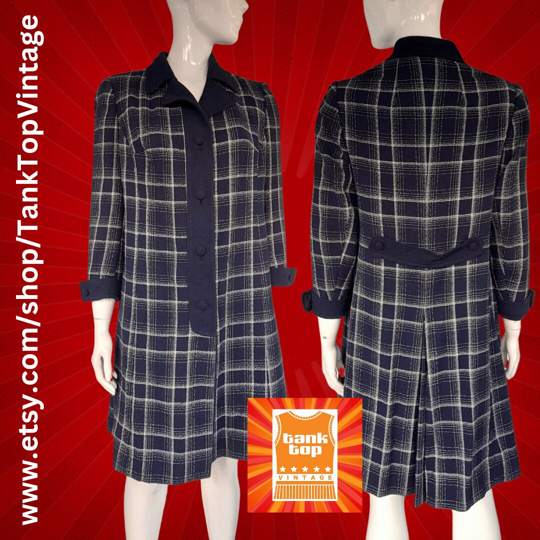 60s NAVY White Mastin Scala CHECK Volup Coat Mod Sixties Uk 14 Small 16 ...