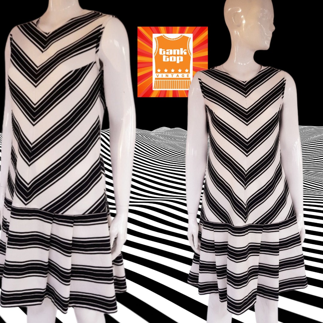 60s MONOCHROME Black White Chevron Stripe TREVIRA Mod DRESS Sixties Uk ...
