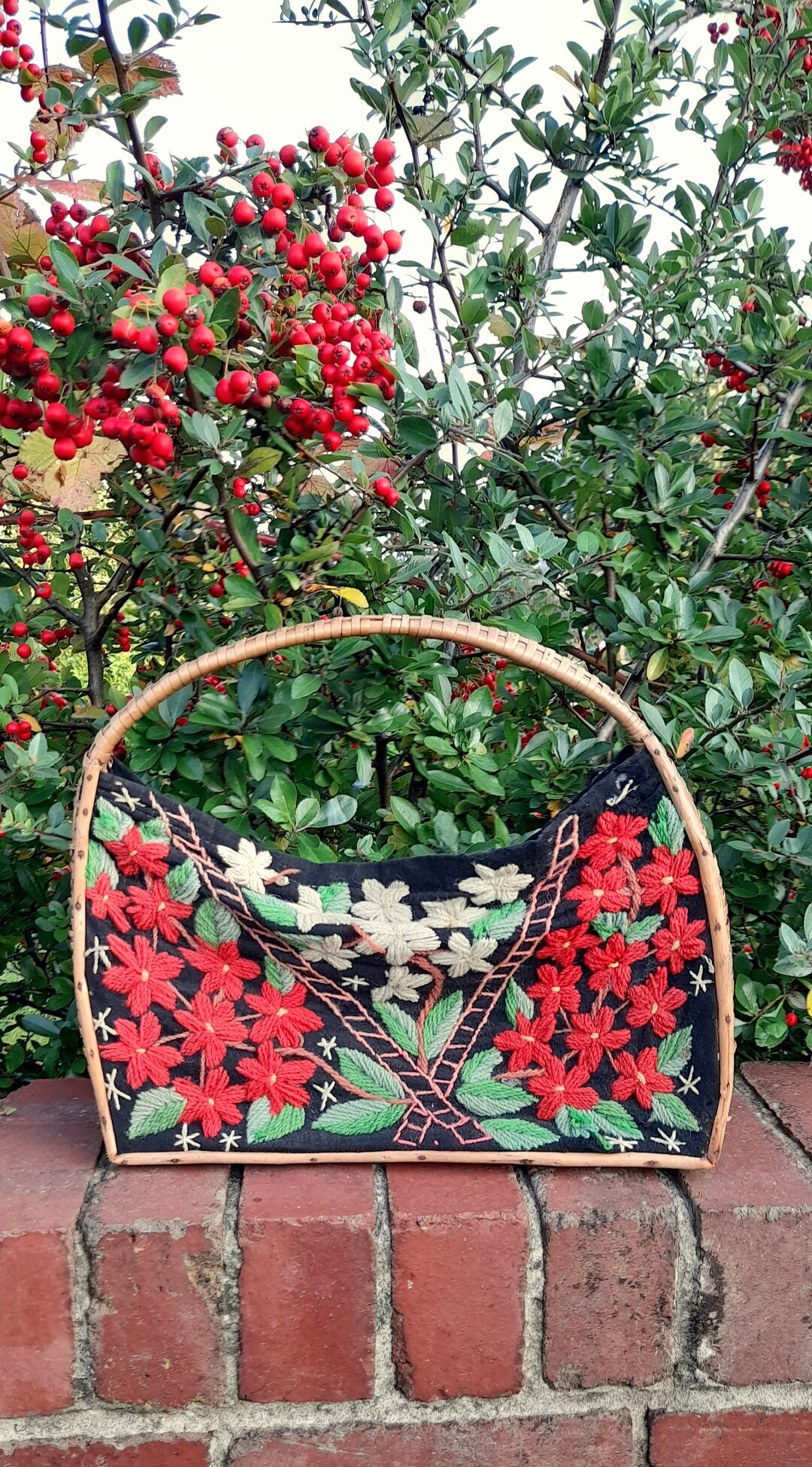 40s 50s CANE Wicker Fabric CREWEL Work Embroidered Handmade BASKET Bag ...