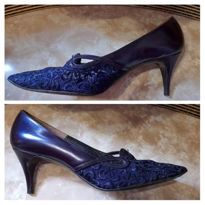 60s NAVY PURPLE Lace Adam Glamour WINKLEPICKERS Heels Mod Sixties Uk 5. ...