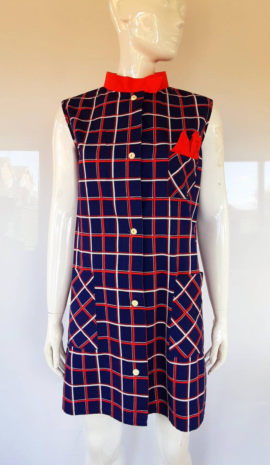 60s Mod Girl Red White Blue CHECKED MOD DRESS Uk 12 - Etsy