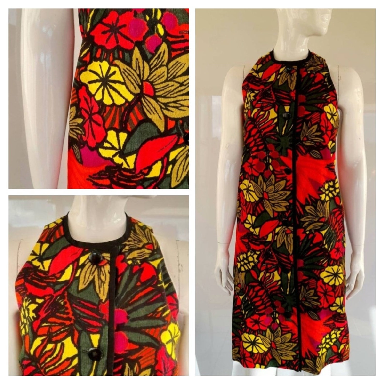 60s SIXTIES Elida Model London Bright Floral Button Thru Cotton SHIFT ...
