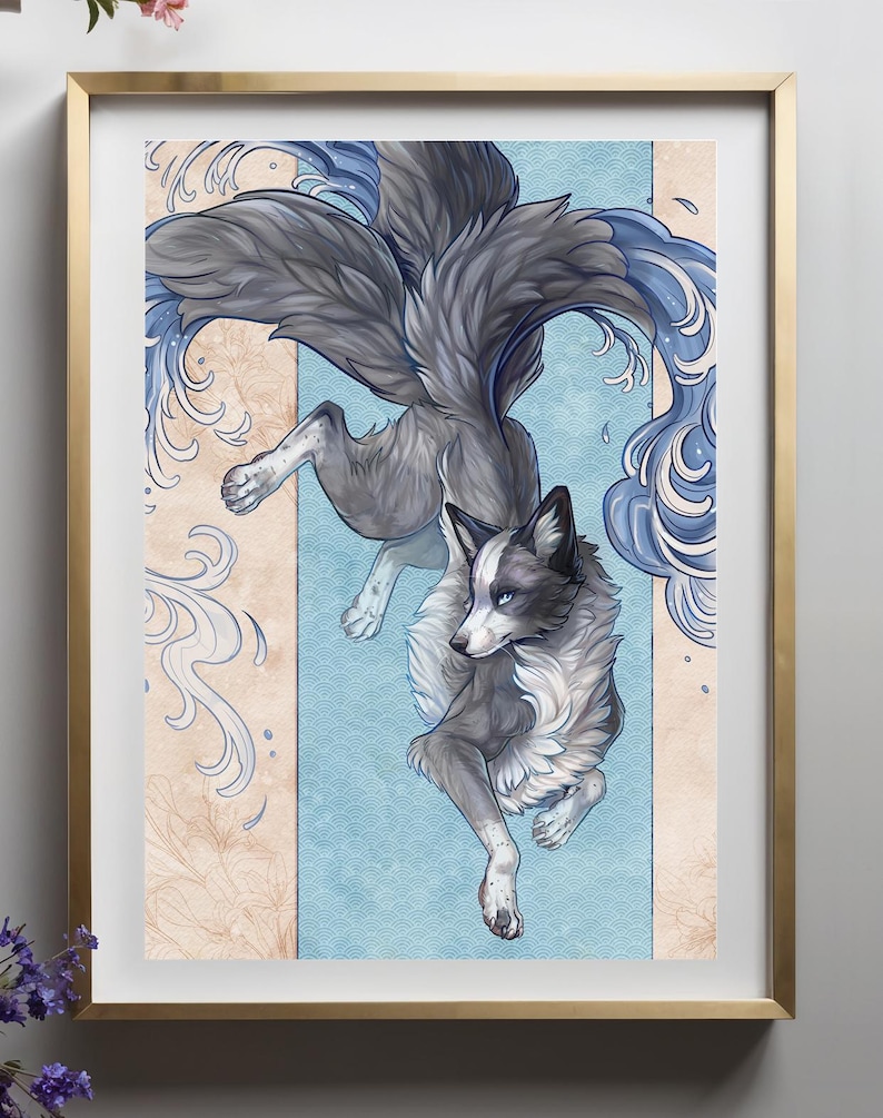 Fire and Water Kitsune Art Print: Elemental Fox Poster - Etsy