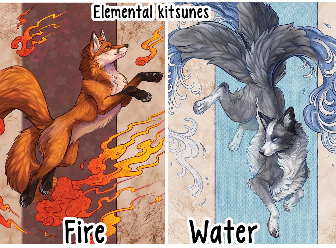 Elemental Kitsunes: Fire and Water | Art Print A5 A3 Poster | Kitsune ...