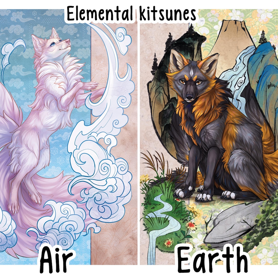 Elemental Kitsunes: Air and Earth | Art Print A5 A3 Poster | Kitsune ...