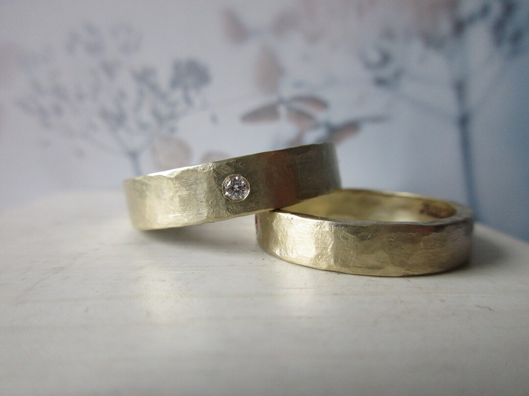 Unusual Forged Ring Pair Gold Diamond Rustic Timeless Wedding Rings ...