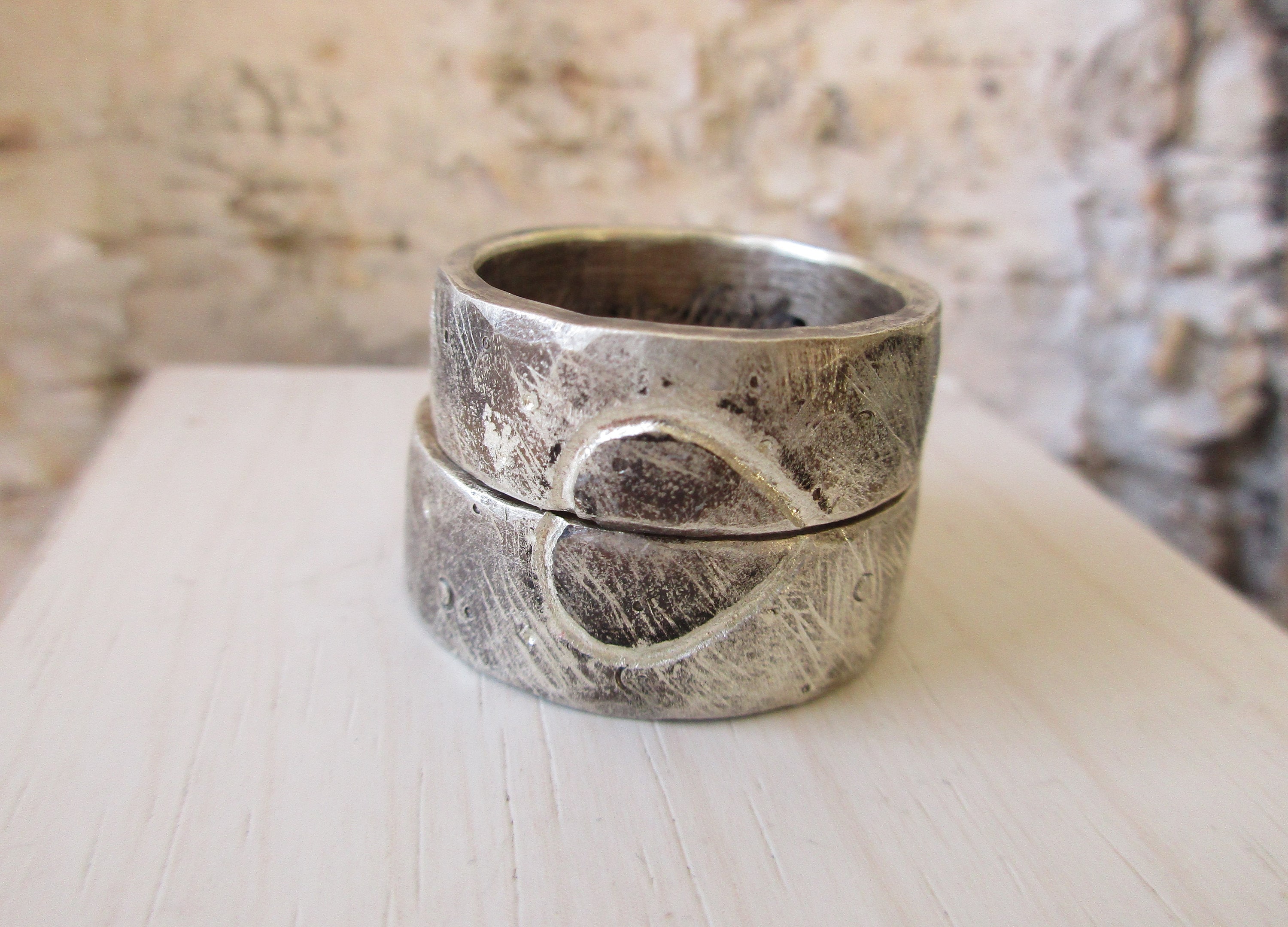 Silver Rings With Heart Engraving Scratched Handmade Rustic - Etsy UK