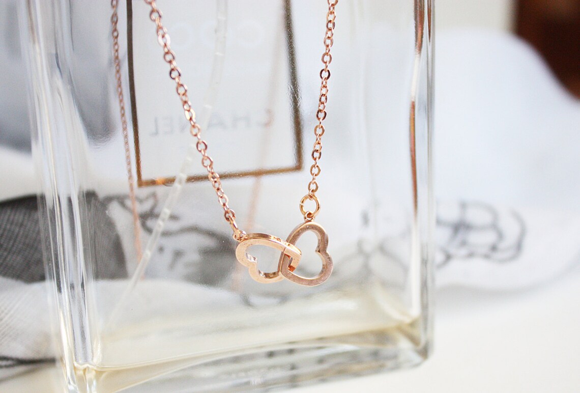 Double Heart Necklace ROSE GOLD FILLED Chain Gold/silver - Etsy