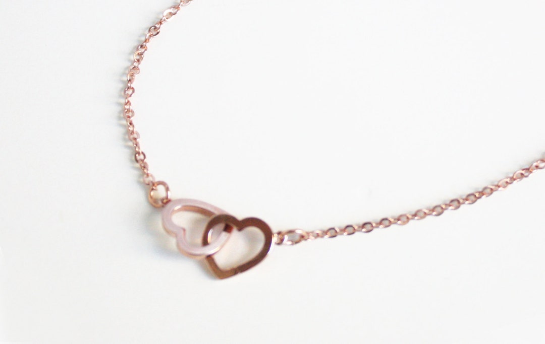 Double Heart Necklace, ROSE GOLD FILLED Chain, Gold/silver Connected ...