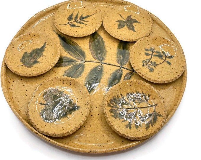 Passover Seder Set Matzah Plate Six Small Plates Real Leaves Imprint ...